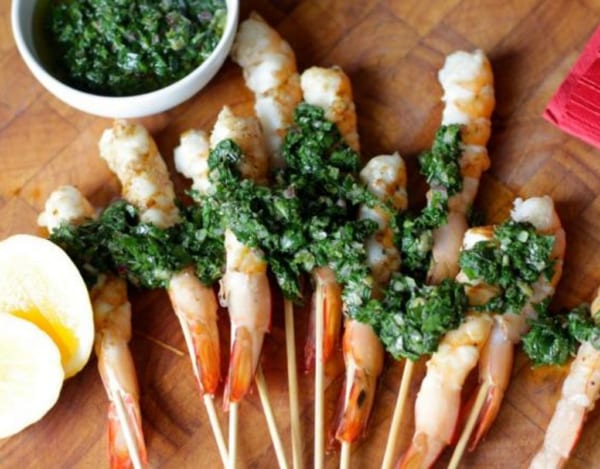 BBQ prawn sticks with green herb salsa