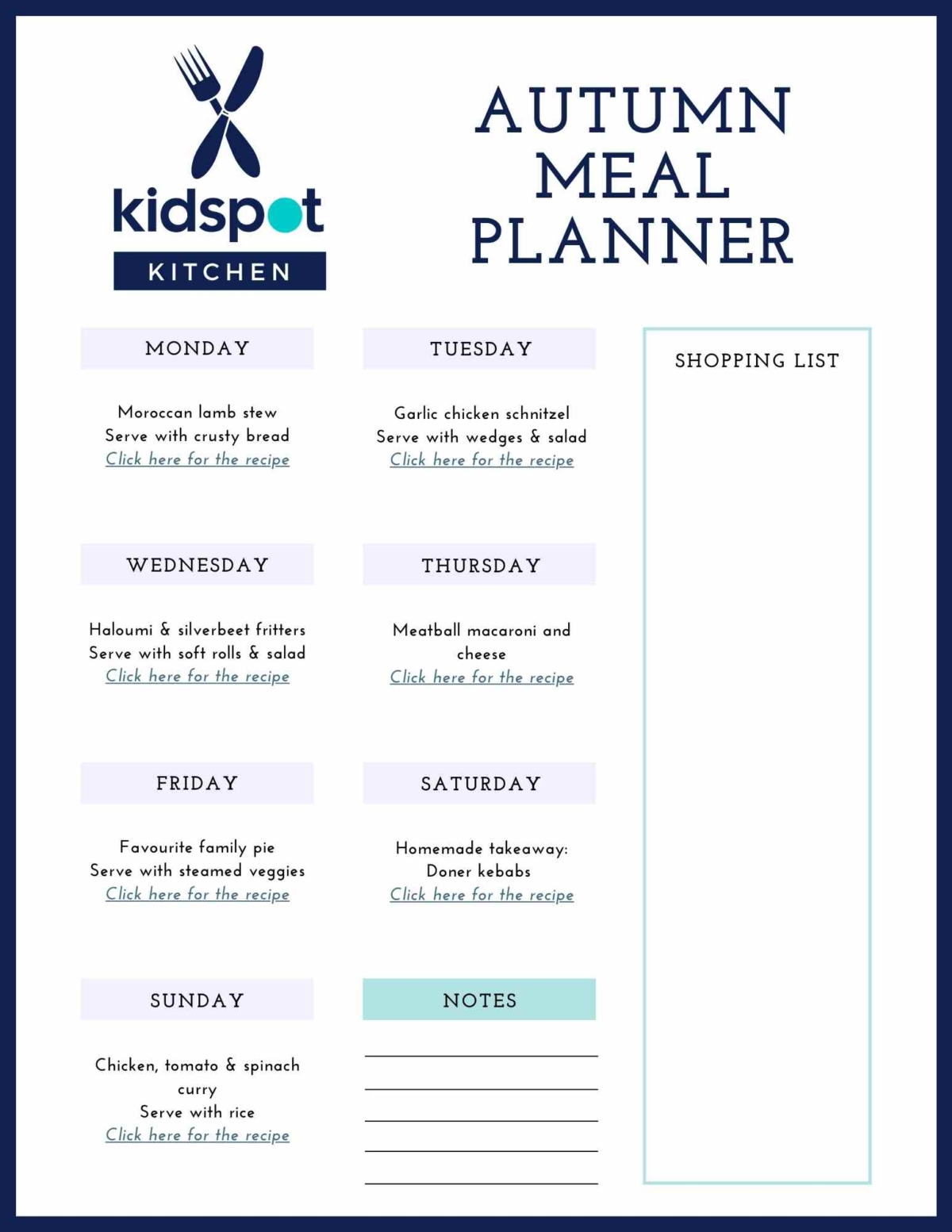 7 Day Autumn Dinner Plan | Recipe | Kidspot